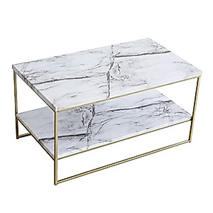 roomfitters 35” Faux Marble Coffee Table, Marble Top Rectangular Coffee Table, Center Table with Gold Metal Frame, 2 Tier Living Room Table, Cocktail Table with Storage for Living Room