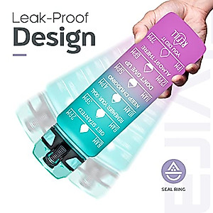 Elvira 32oz Motivational Fitness Sports Water Bottle with Time Marker & Removable Strainer,Fast Flow,Flip Top Leakproof Durable BPA Free Non-Toxic-Green/Purple Gradient