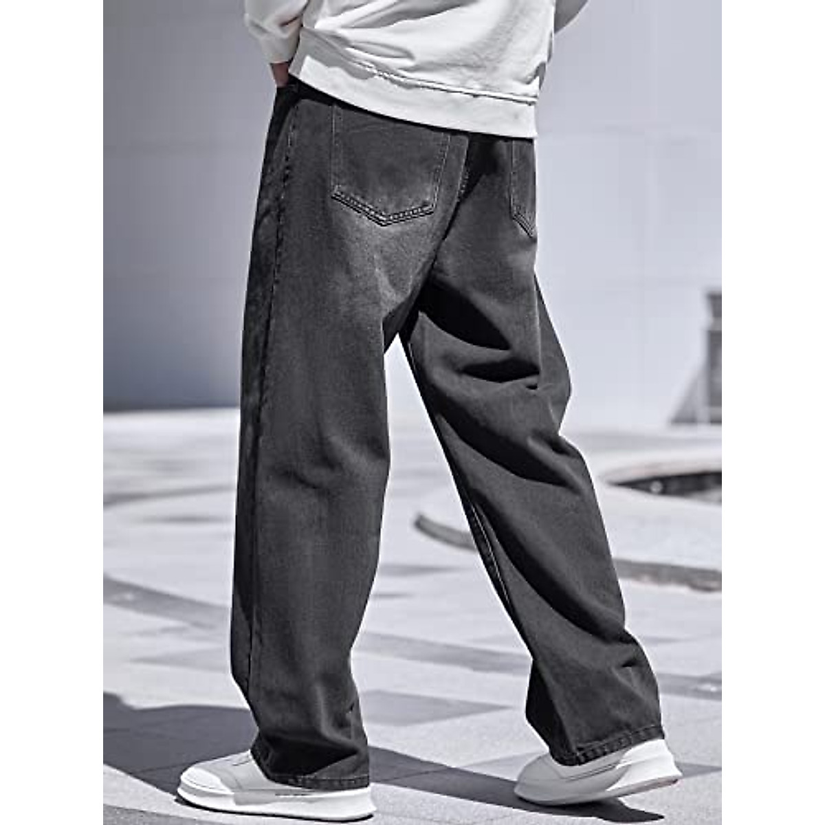 Verdusa Men's High Waist Loose Jeans Baggy Straight Leg Denim Pants Trousers Dark Grey XL