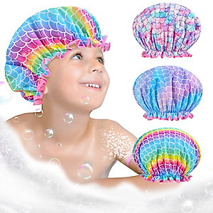 Shower Cap for Kids, 3 Pcs Kids Shower Caps for Girls, Cute Rainbow Hair Cap Wide Elastic Band, Plastic Reusable Waterproof Toddler Shower Cap, Large Bath Cap for Kids Girls Women (Mermaid)