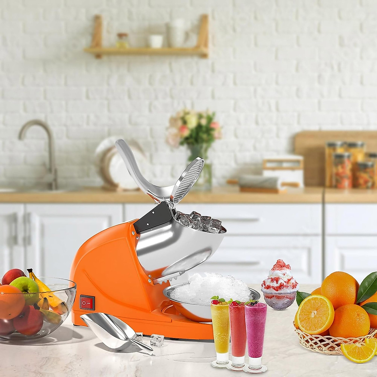 Electric Ice Crushers Machine Ice Snow Cone Maker Professional Double Blades Stainless Steel Ice Shaver Machine for Home Commercial Use (Orange)