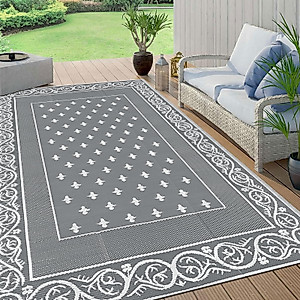 Bsmathom Reversible Outdoor Rugs Patio Rug 6'x9', Waterproof Plastic Straw Rug for Patios Clearance, RV Camping Rug Indoor Outdoor Area Rug for for Picnic, RV, Deck, Backyard, Balcony(Grey,6'x9')