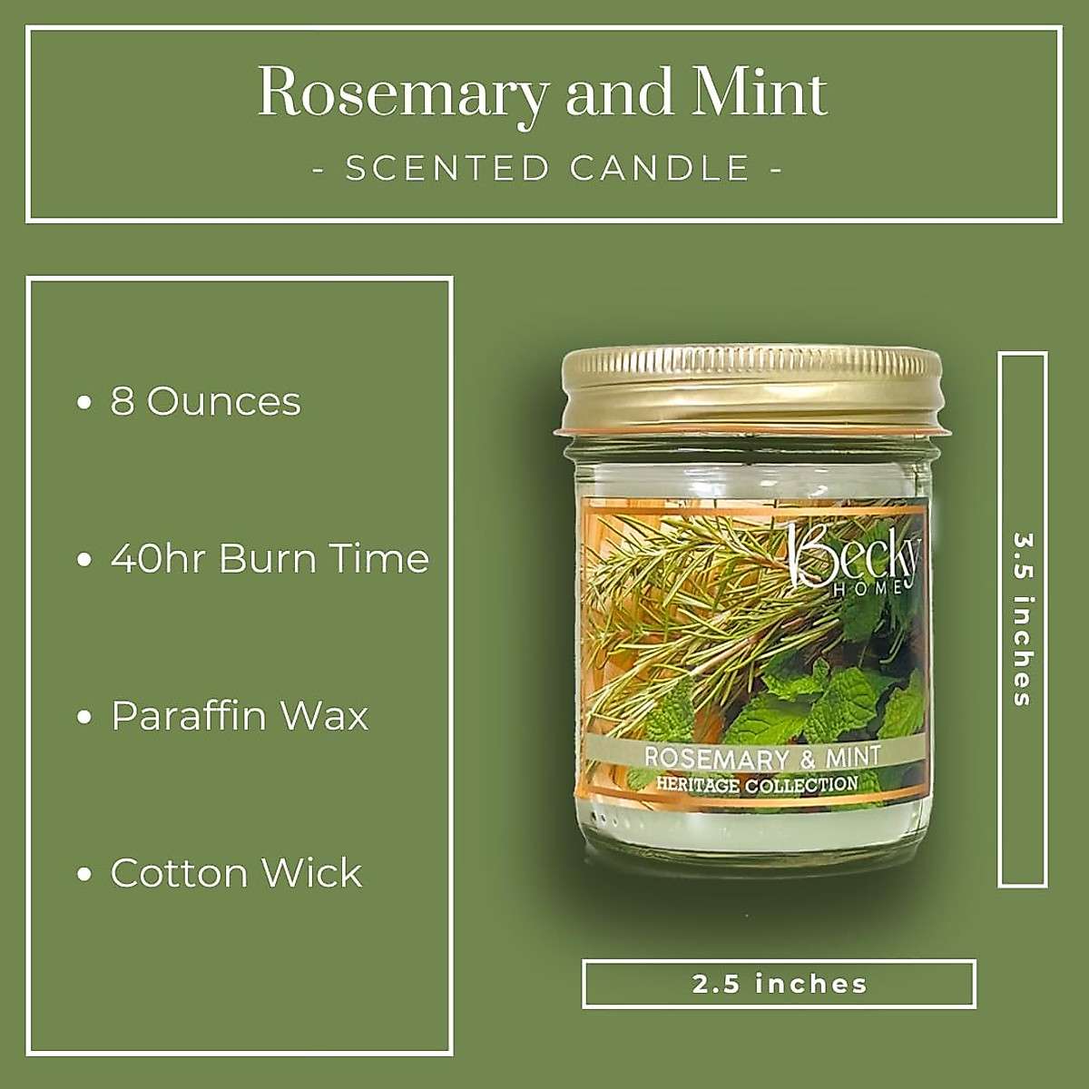 Rosemary Mint Scented Candle in Clear Mason Jar | Candles for Home | 8oz Rustic Home Decor Novelty Candle | 40 Hour Burn Time Candle