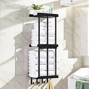 Bathroom Towel Storage Rack 3 Tier Towel Racks for Bathroom Wall Mounted 32 inch with Shelf and 4 Hooks of Rolled Bath Towels