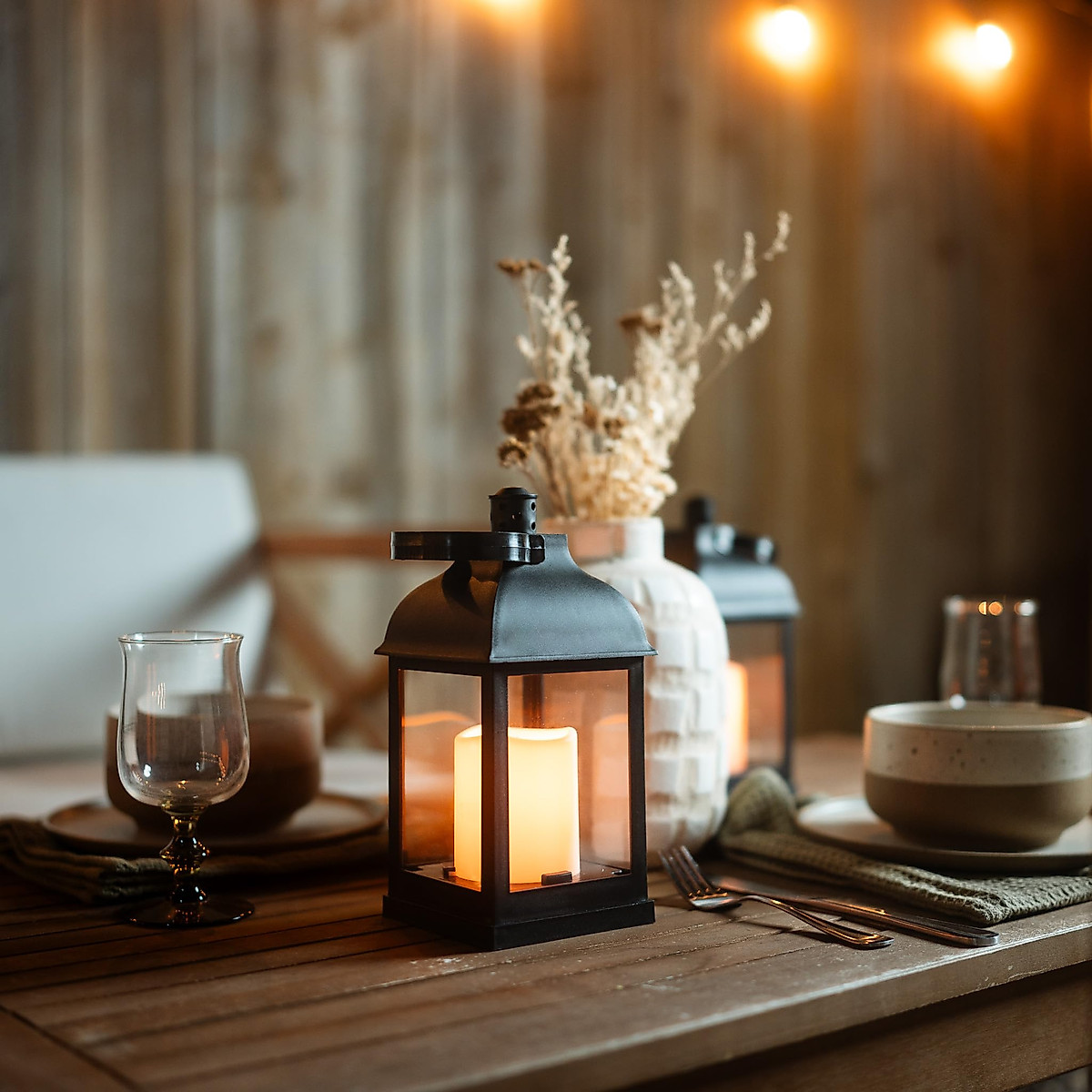 Just in Time for Winter {12 Pc Set} 10" Decorative Lanterns with Flameless LED Lighted Candle, 5 Hr Timer, Antique Look Indoor Outdoor Home, Garden, Weddings - Black. Includes Bonus String Lights!