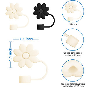 Avky 4 Pcs Straw Cover Cap for Stanley Cup, 10mm 0.4in Flower Shape Straw Covers Cap with 30&40 Oz Tumbler with Handle Dust-Proof Reusable Straw Tips Lids Black & Off White