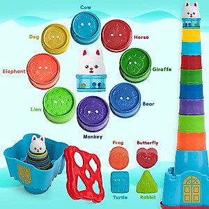 OWNONE 1 Baby Stacking Cups, Nesting Cups for Toddlers 1-3, 15Pcs Colorful Building Cups for Infants