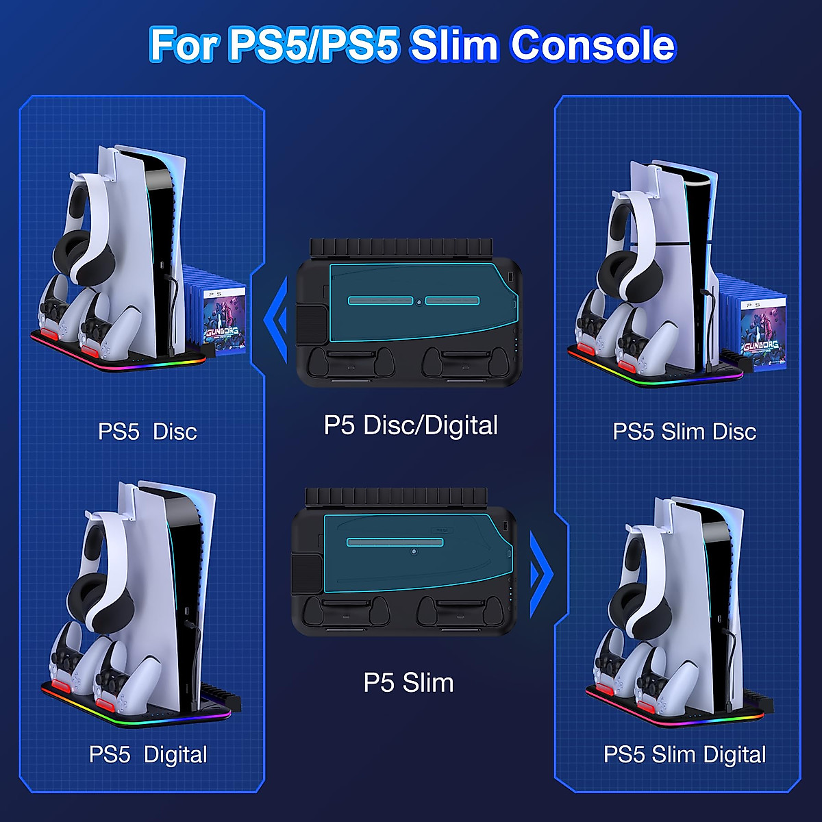 PS5 Slim Stand Cooling Station for Playstation 5 Slim Console Disc/Digital,PS5 Accessories Cooling Stand with 3-Level Cooler Fan,Dual PS5 Controller Charger,RGB Light,Headset Holder,15 Game Slot-Black