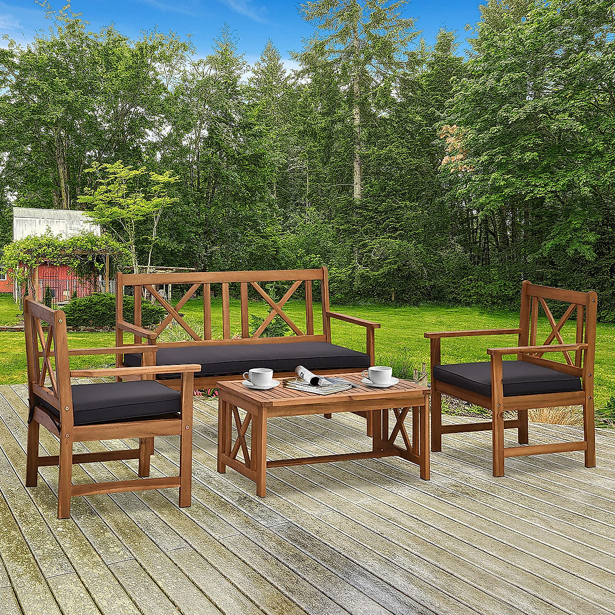 Outsunny 4 Piece Acacia Wood Outdoor Patio Furniture Set with 2 Armchairs, 1 Sofa, & 1 Coffee Table, Cushions Included