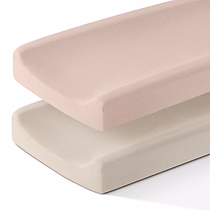100% Cotton Muslin Changing Pad Cover for Boys Girls Baby 2 Pack, Soft and Breathable Diaper Change Table Sheets, Fit 32"x16" Contoured Pad, Fog & Blush