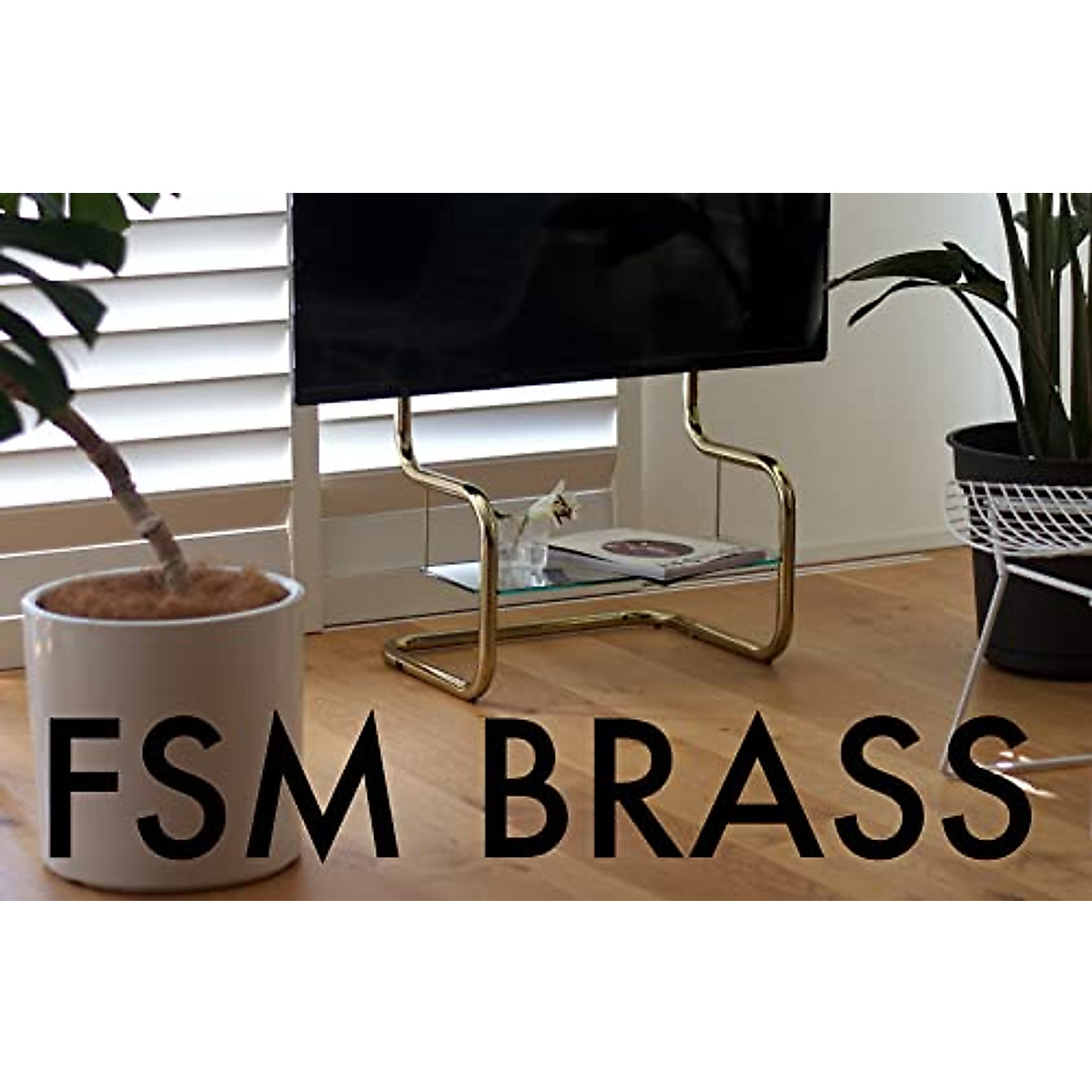 zeitgeist TV Stand Modern Minimalist w/Shelf Floor Stand Metal up to 65 inch for Corner, Living, Studio. Height Adjustable Mount, Portable. w/HDMI, Antenna, Power Cable pre-Installed. Brass Gold