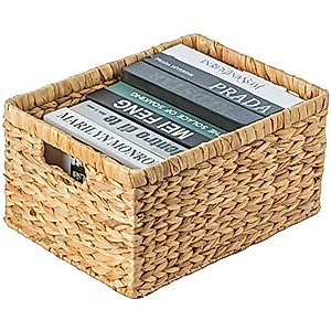 Natural Woven Water Hyacinth Wicker Rectangular Storage Bin Basket with Handles, Large
