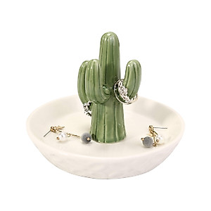 HOME SMILE Ceramic Cactus Ring Holder with Derorative White Dish for Jewelry,Christmas Birthday Gifts for Women