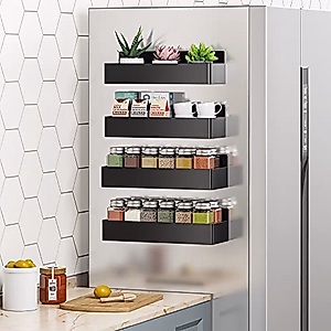 Mystozer 4-Pack Magnetic Spice Rack Organizer for Refrigerator, Plastic Fridge Shelf, Black