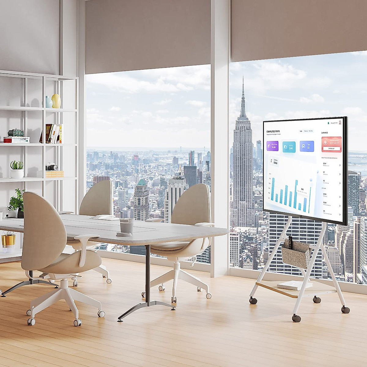 FITUEYES Design Mobile TV Stand for 46 55 60 65 Inch TV, Rolling TV Cart Floor Stand with Mount for Living Room Office Hotel, Modern Corner TV Stand with Wooden Storage Shelves, Collector Series