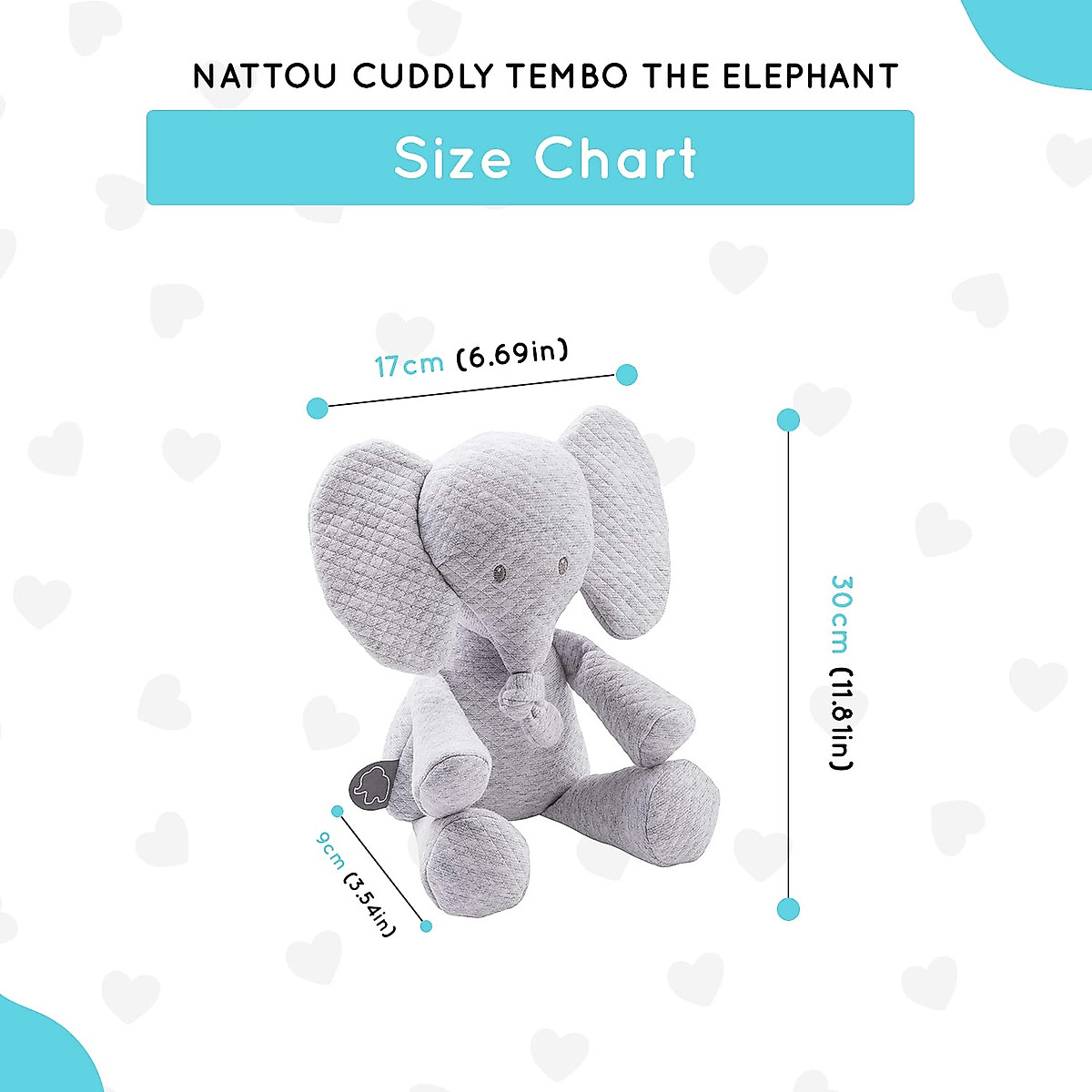 Nattou Cuddly Plush Toy Tembo The Elephant - Promotes Motor Skills, Easy Care, Extra-Soft Material, Machine Washable - Grey, 11 inches