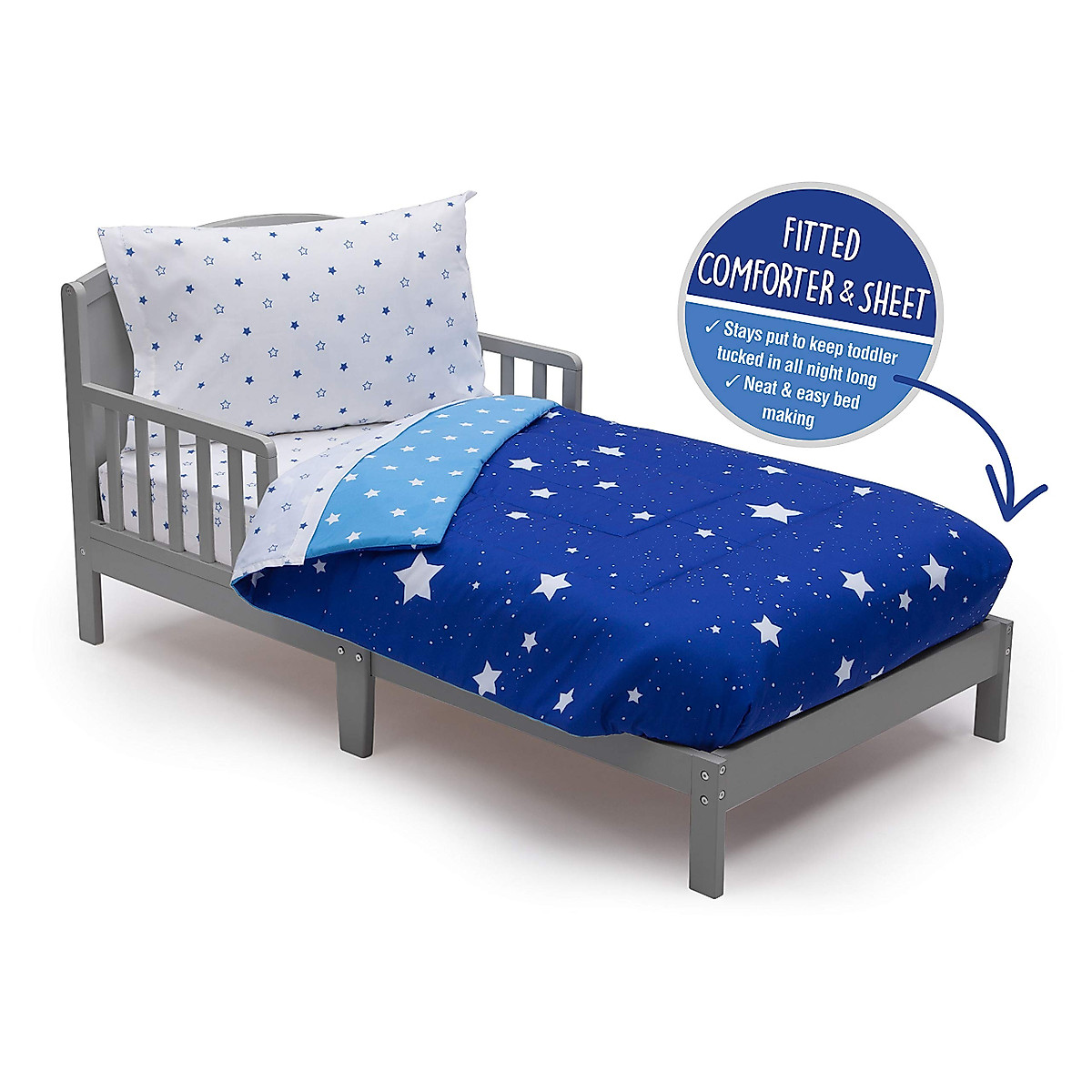Delta Children 4 Piece Toddler Bedding Set for Boys - Reversible 2-in-1 Comforter - Includes Fitted Comforter to Keep Little Ones Snug, Bottom Sheet, Top Sheet, Pillow Case - Blue Stars