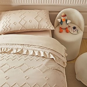 AIKASY Toddler Bedding Set 4 Pieces Super Soft Comforter Set, Shabby Boho Bohemian Design for Boys and Girls（Ruffle Fringe Comforter, Flat Sheet, Fitted Sheet and Pillowcase）- Khaki