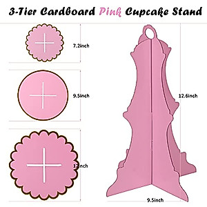 Pink Cardboard Cupcake Stand,2PCS Pink Cup Cake Holder Thick Paper Dessert Tray, 3-Tier Round Serving Tray Perfect for Baby Girls Pink and Gold Birthday Baby Shower Party Supplies