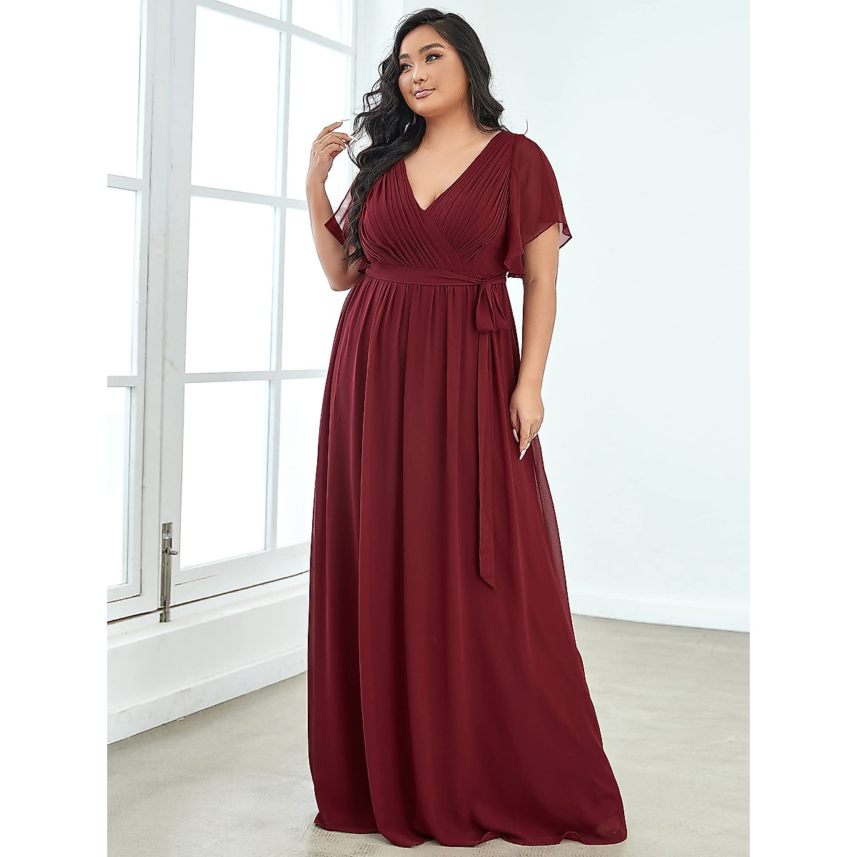 Ever-Pretty Plus Women's V-Neck A-Line Ruched Bust Ruffle Sleeves Plus Size Maxi Formal Evening Gown Burgundy US20