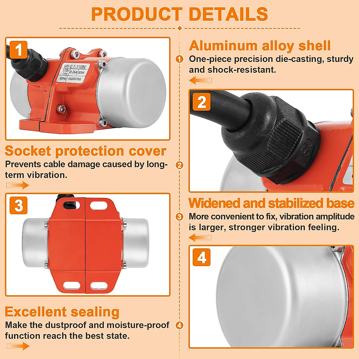 JIAWANSHUN 30W Small Concrete Vibrator Screen, Vibration Motor with Speed Controller and US Plug, Waterproof Vibrating Motor Single Phase AC 110V 3600RPM For Sand Shaking Table