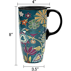 Topadorn Coffee Ceramic Mug Porcelain Latte Tea Cup With Lid 17oz. Floral Symphony, Green Bird