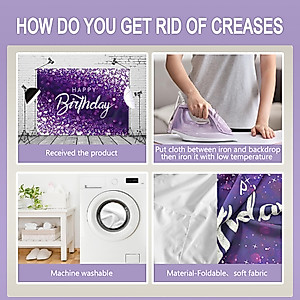 SVBright Purple Happy Birthday Backdrop for Women 7Wx5H Shinning Diamond Silver Bokeh Dots Woman Girls Elegant Sweet Princess Polyester Fabric Photography Background Banner Photo Booth Photo Studio