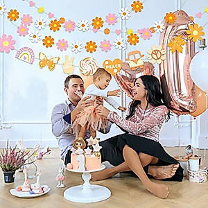 Qpout 4pcs Felt Groovy Party Decorations Set Include Groovy Hippie Boho Banner Groovy Boho Daisy Garland Round And Heart Garland for Wall Window Home Daisy Party Decorations Retro Classroom Decor