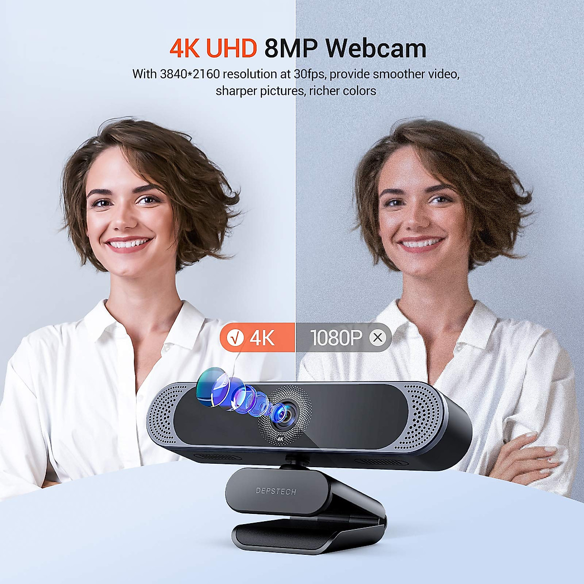 4K Webcam, DEPSTECH DW49 HD 8MP Sony Sensor Autofocus Webcam with Microphone, Privacy Cover and Tripod, Plug Play USB Computer Web Camera for Pro Streaming/Online Teaching/Video Calling/Zoom/Skype