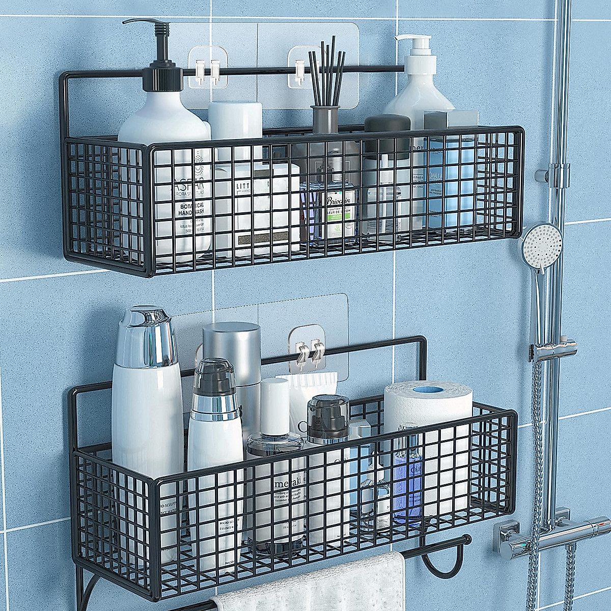 COMNICO 4 Pack Shower Caddy Adhesive Hooks Replacement, Strong Self-Adhesive Sticker No Drilling Waterproof Hanging Hooks for Bathroom Storage Shelves Kitchen Racks (Double Hook,Transparent)
