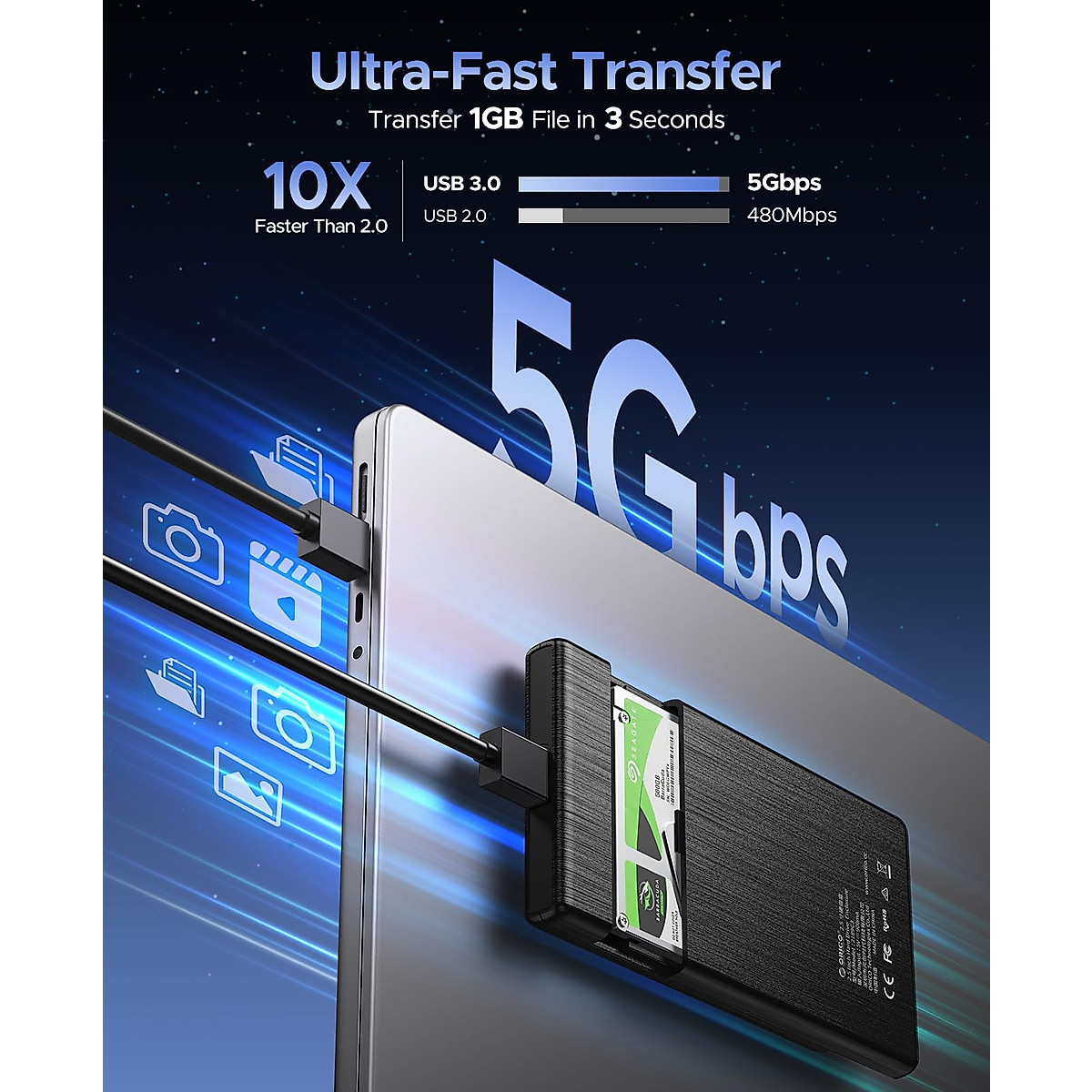 ORICO USB 3.0 to SATA III 2.5" External Hard Drive Enclosure for 2.5 Inch 7mm-9.5mm SATA HDD/SSD Tool Free [UASP Supported],Black(2189U3)