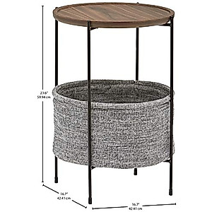 Amazon Brand – Rivet Meeks Round Side Table with Fabric Storage Basket, 24"H, Walnut and Grey