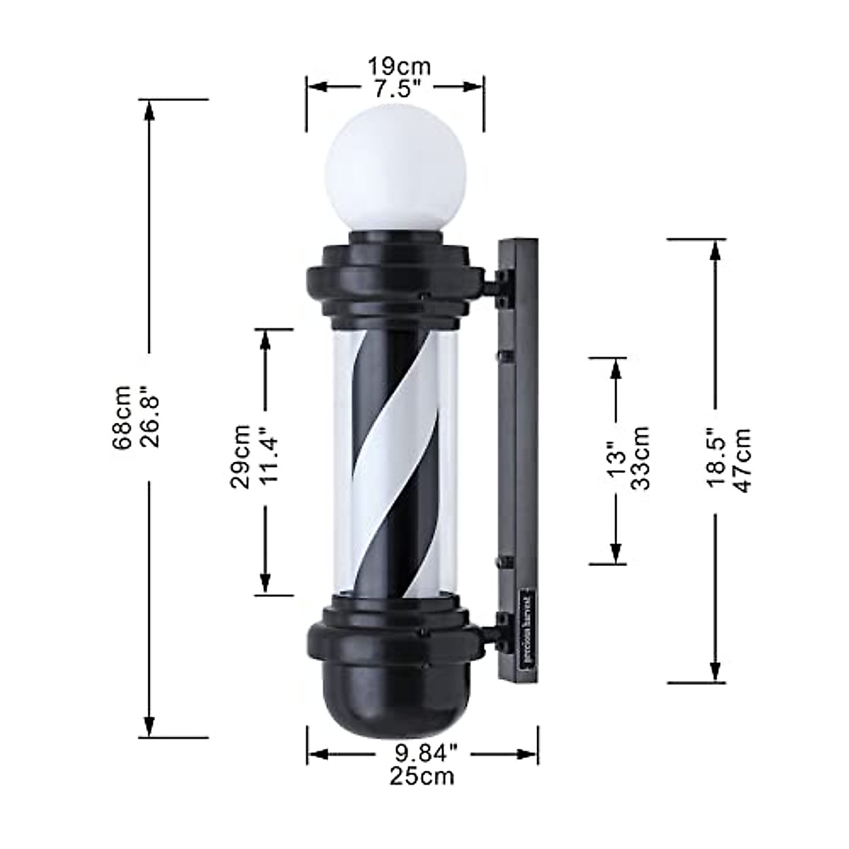 precious harvest Barber Pole 26.8 in,LED Light Source,Upper Luminous,Black and White Barbershop Rotating Light Fixture, Classic Signs for Hair Salon,Wall Mount