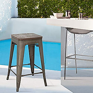 FDW 24 Inches Metal Bar Stools Set of 4 Counter Height Wood Seat Barstool Patio Stool Stackable Backless Stool Indoor Outdoor Metal Kitchen Stools Bar Chairs (Bronze)