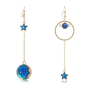 SUNSCSC Enamel Moon Star Earth Planet Drop Hook Earrings Long Pendant Dangle Jewelry for Woman (Long W757)