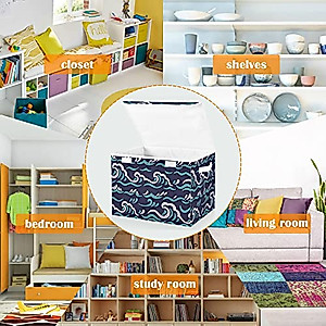 CaTaKu Sea Waves Dark Blue Storage Bins with Lids Fabric Large Storage Container Cube Basket with Handle Decorative Storage Boxes for Organizing Clothes Shelves