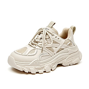 BEAU TODAY Chunky Sneakers for Women, Fashion Platform Sneakers Dad Shoes for Women, Casual Lace-up Walking Shoes Beige US 6