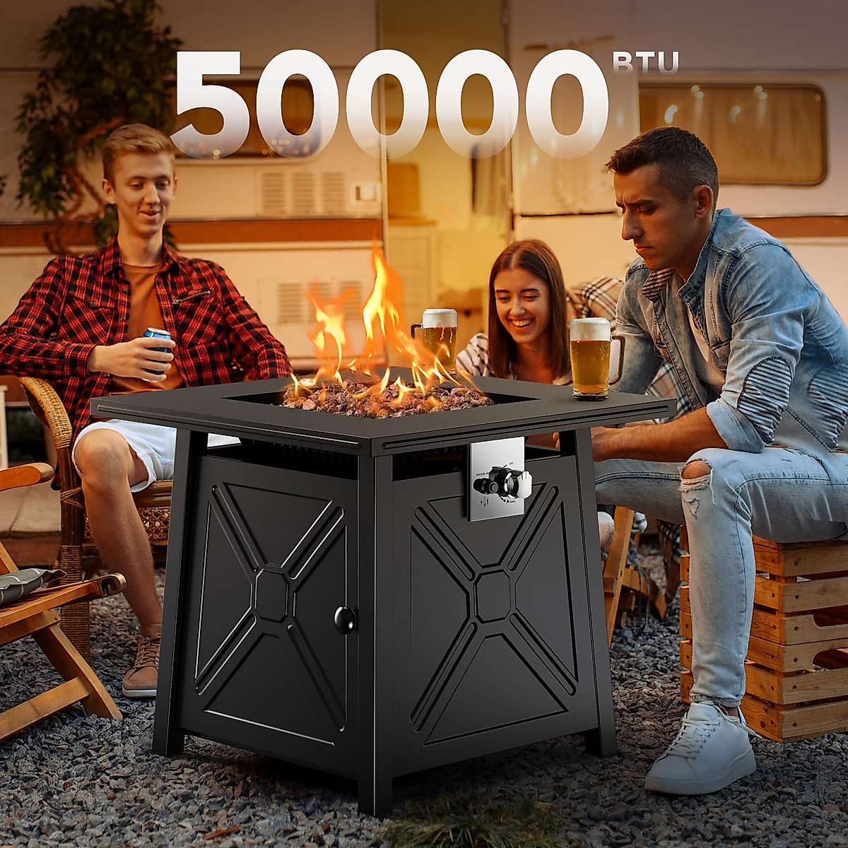 Ciays 32 Inch Gas Fire Pit Table, 50,000 BTU Propane Fire Pits for Outsides with Steel Lid and Lava Rock, 2 in 1 Square Firepit Table for Gatherings Parties on Patio Deck Garden Backyard, Black