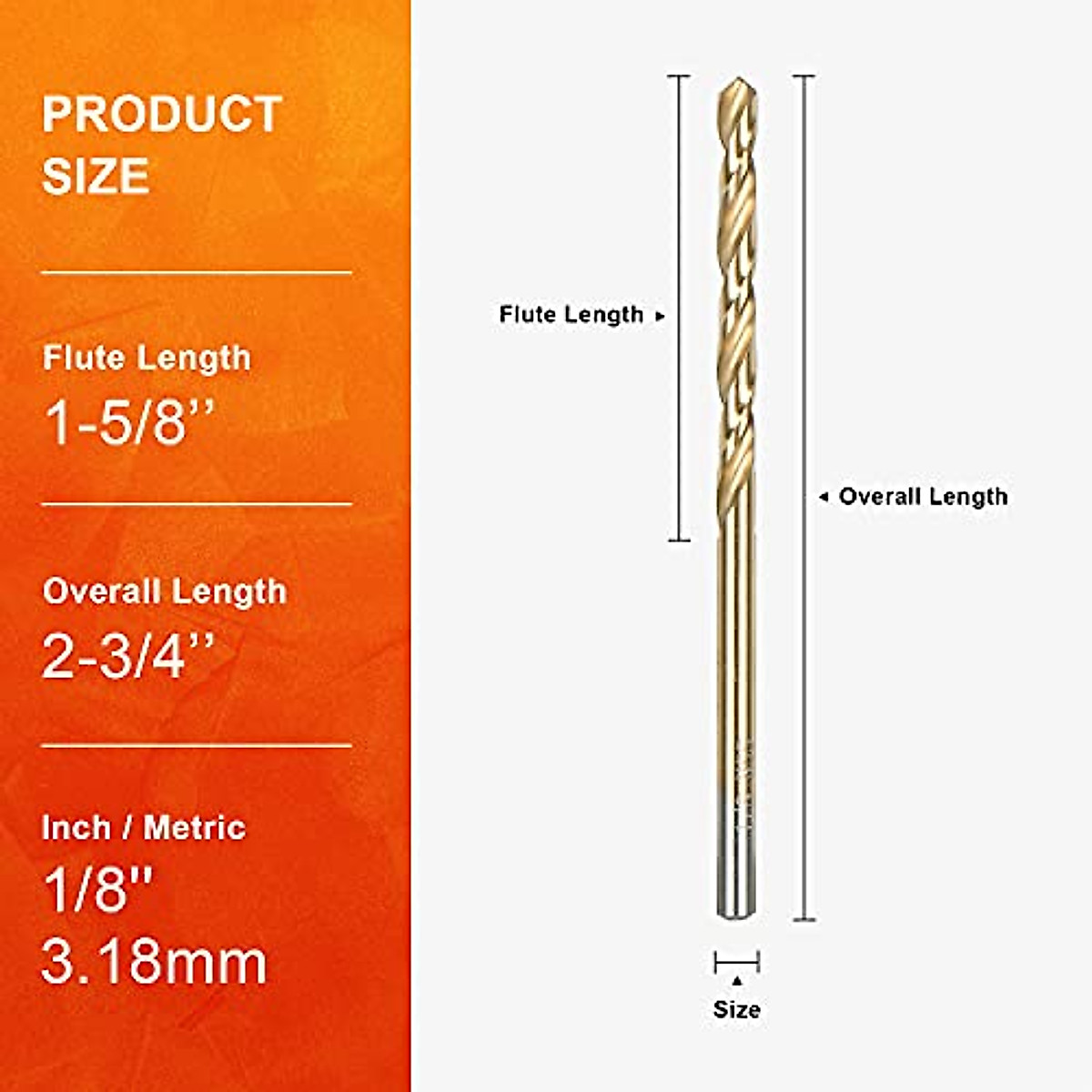 AugTouf 1/8" Titanium Drill Bits (10pcs), 4341 HSS 135° Metal Drill Bits for Wood, Metal, Steel, Plastic, Aluminum Alloy
