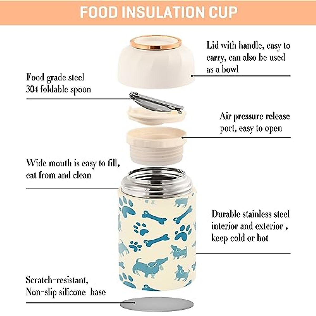 CUPADA Cute Dachshund Puppy Food Jar for Hot and Cold, Paw Prints Bones Insulated Food Jars Vacuum 17OZ with Folding Spoon for Work Trip Picnic Camping