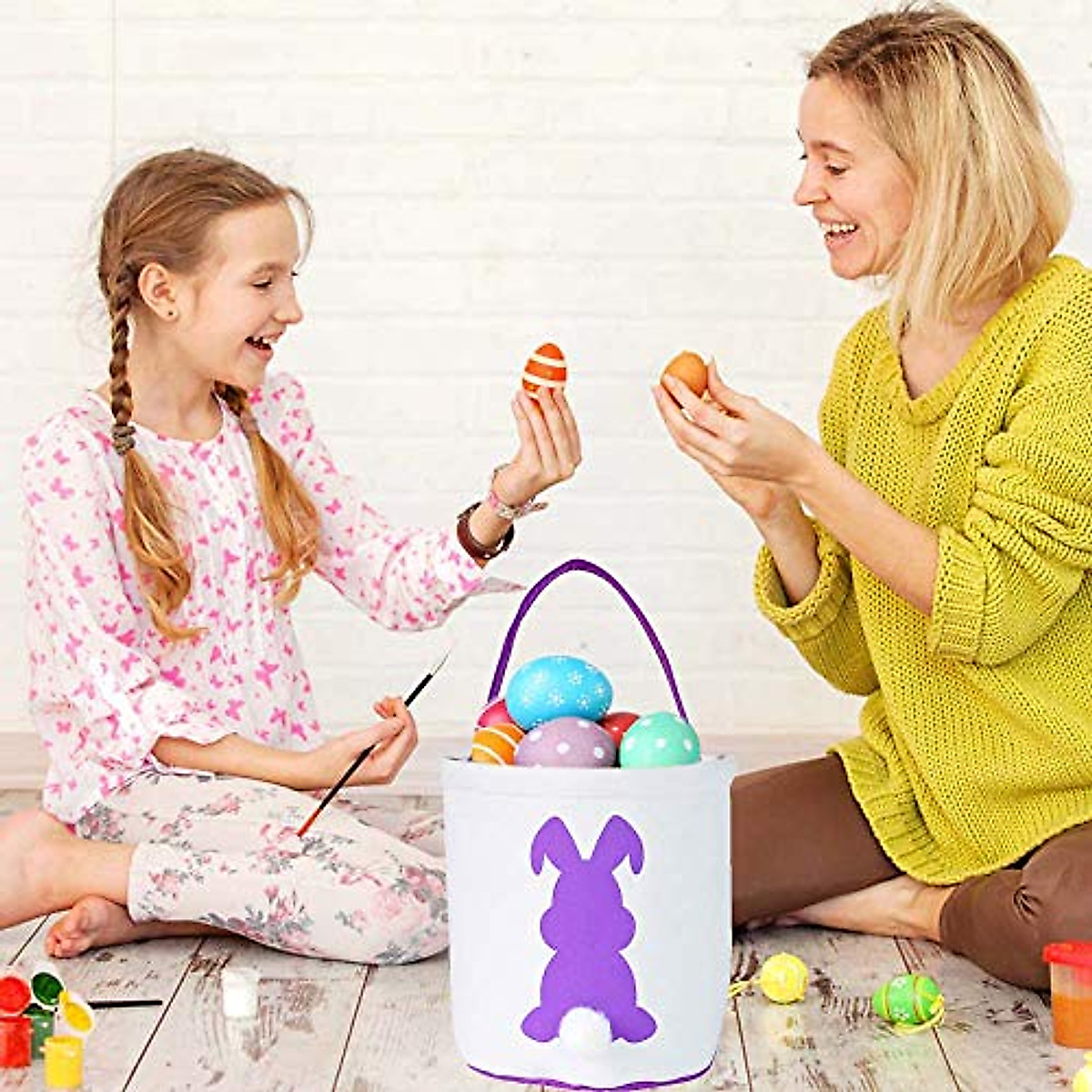 2 Pieces Easter Bunny Basket Bags Rabbit Handbag Canvas Tote Bag Bucket for Eggs Gifts Candy Toys Purple