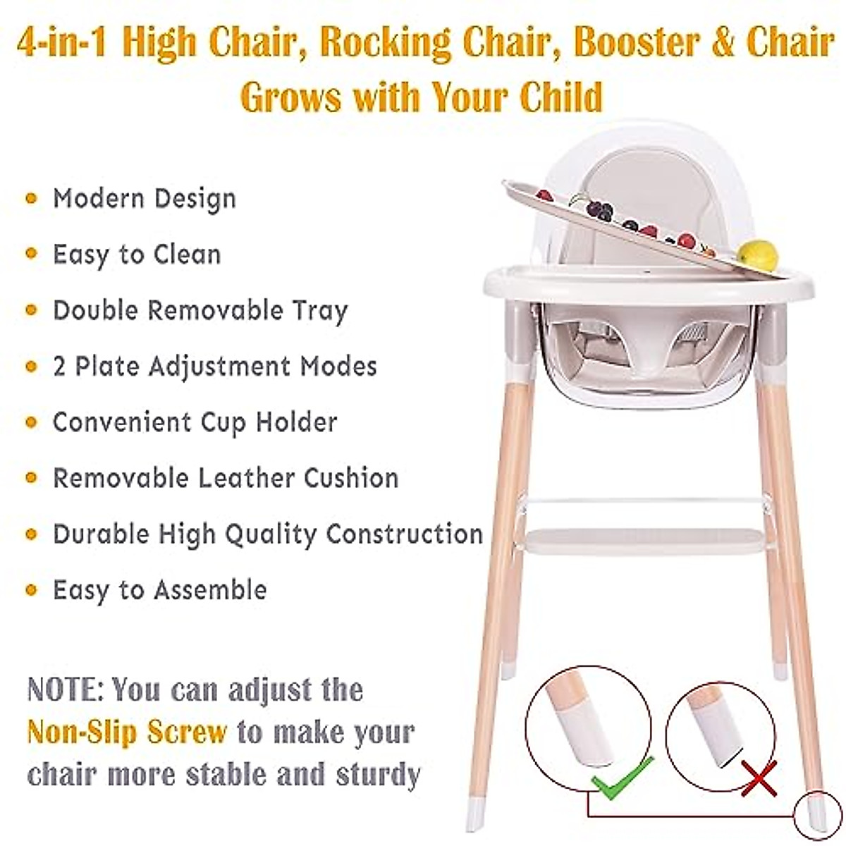 Baby High Chair with Double Removable Tray for Baby/Infants/Toddlers, 4-in-1 Wooden High Chair/Booster/Chair | Grows with Your Child | Adjustable Legs | Modern Design | Easy to Assemble