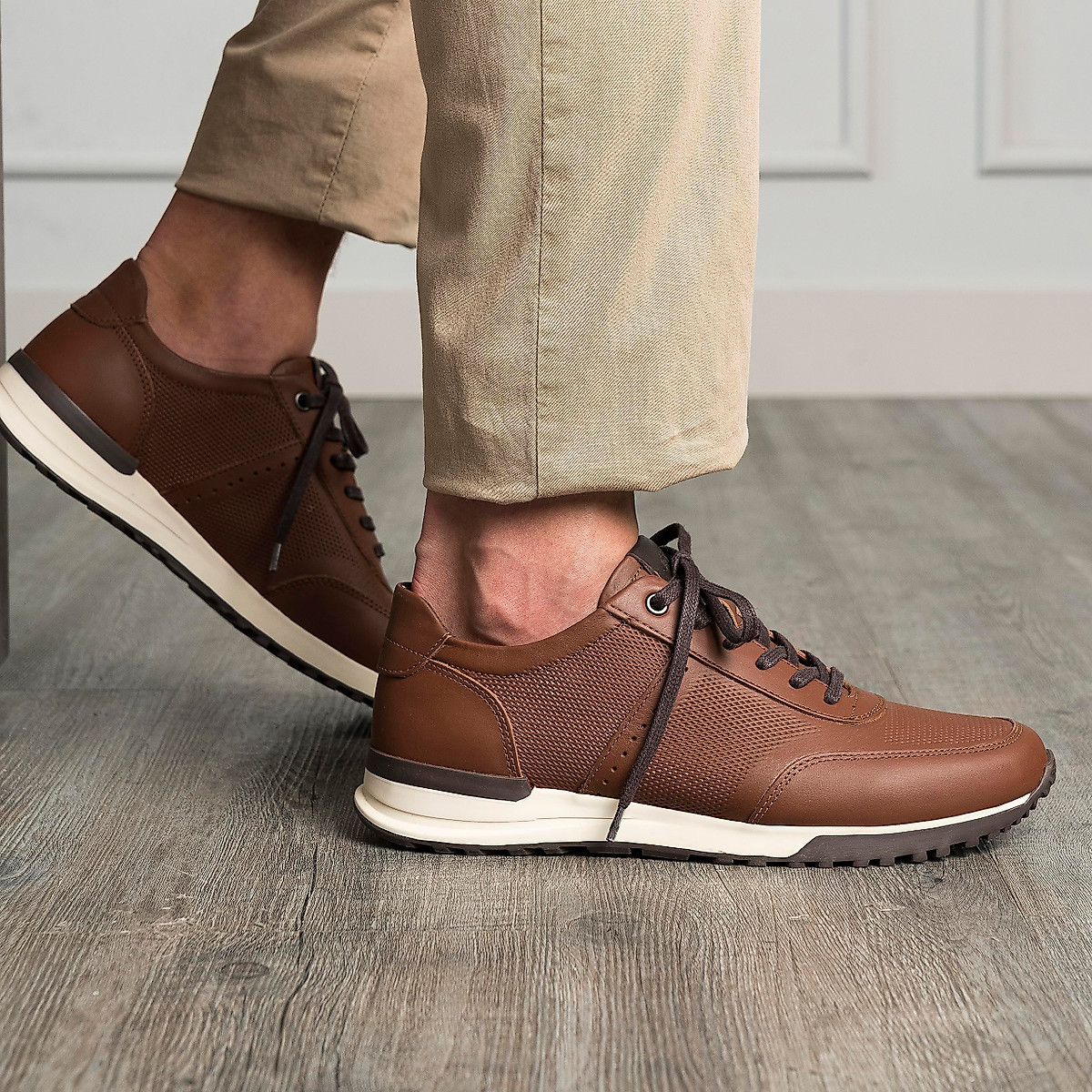 VELEZ Full Grain Leather Shoes for Men - Business Casual Sneakers - Designer Fashion Men's Dress Shoes Brown 8