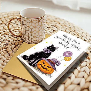 Chenive Creepy Black Cat Birthday Card, Funny Halloween Birthday Card for Him Her, October Birthday Card for Men Women, Wishing You A Purr-fectly Spooky Birthday Pun Card