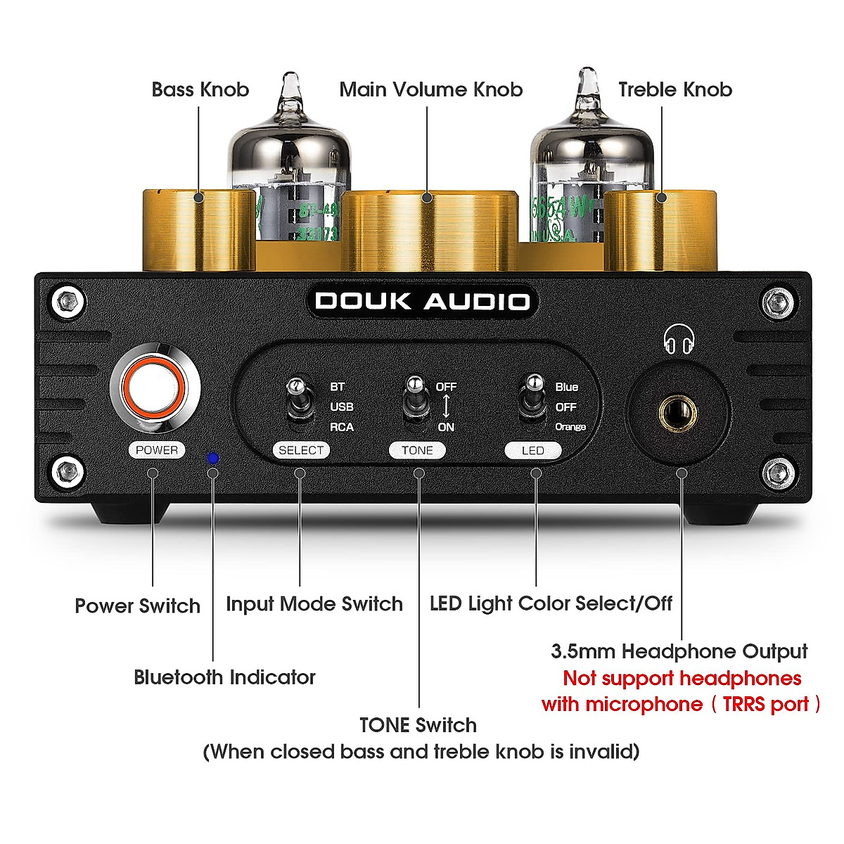 Douk Audio P1 Vacuum Tube Bluetooth Preamplifier, GE5654 Audio Preamp, Hi-Fi Headphone Amp, Stereo Wireless Receiver with USB DAC & APTX-HD for Home Theater Amplifier/Active Speaker