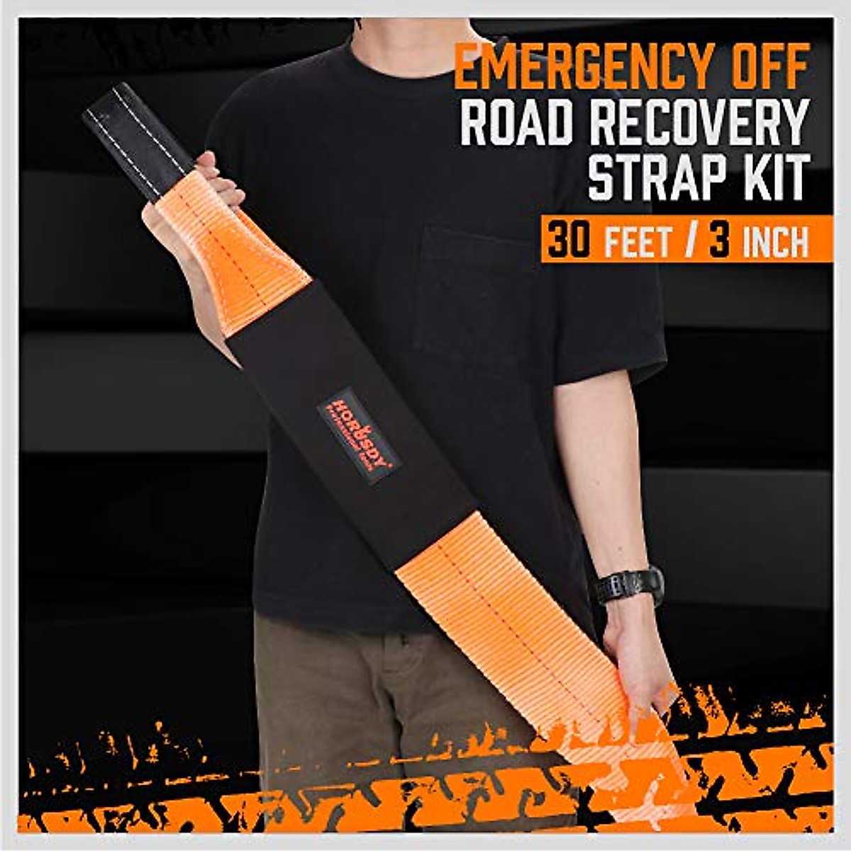 HORUSDY Nylon Heavy Duty Tow Strap Recovery Strap with Hooks 3" x 30Ft - 32,000 LBS Break Strength, 3/4 D Ring Shackles (2pcs), Recover Your Vehicle Stuck in Mud/Snow.