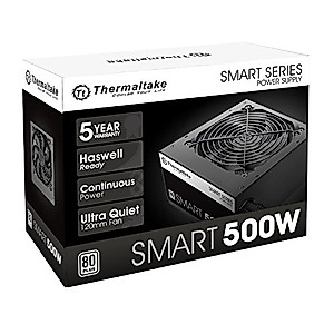Thermaltake Smart 500W 80+ White Certified PSU, Continuous Power with 120mm Ultra Quiet Cooling Fan, ATX 12V V2.3/EPS 12V Active PFC Power Supply PS-SPD-0500NPCWUS-W
