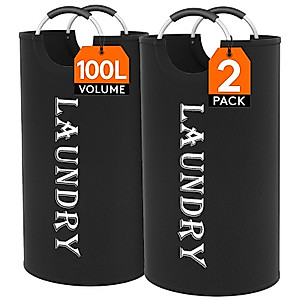 Lifewit 100L 2-Pack Large Laundry Basket, Collapsible Laundry Hamper with Aluminum Handles, Waterproof Freestanding Dirty Clothes Hampers for Laundry Room Bedroom Dorm Bathroom, Black