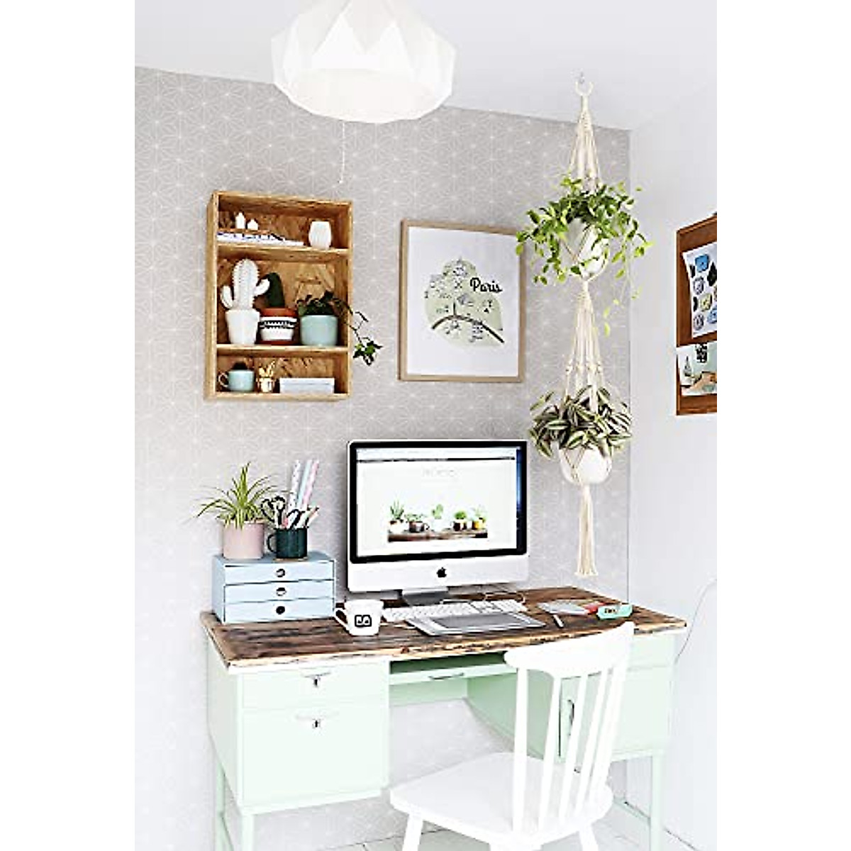 Mkono Macrame Double Plant Hanger Indoor Outdoor 2 Tier Hanging Planter Basket Cotton Rope with Beads 4 Legs 49 Inches