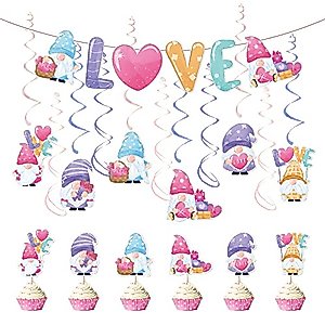 Valentine's Day Banner, Happy Valentines Day Banner Gnome Valentines Garland Banner Conversation Heart Decor Valentines Hanging Swirls Gnomes Cupcake Toppers for Girls Valentines Party Home